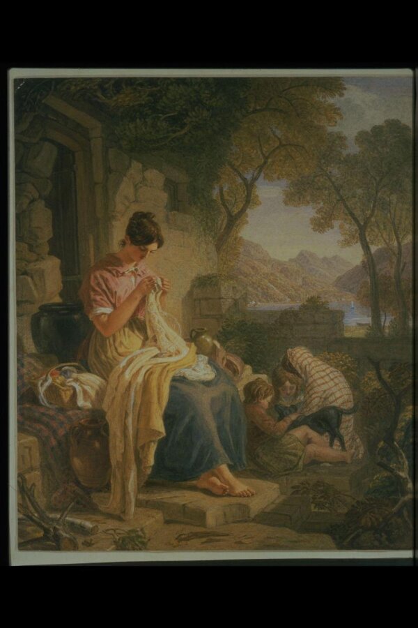 A Scottish peasant girl embroidering muslin at Luss, Loch Lomond ...