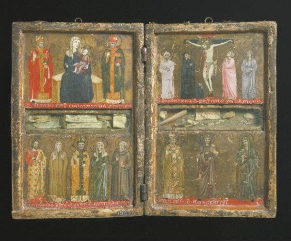 The Crucifixion with a donor in monastic habit, with the Virgin, Saints John the Evangelist ...