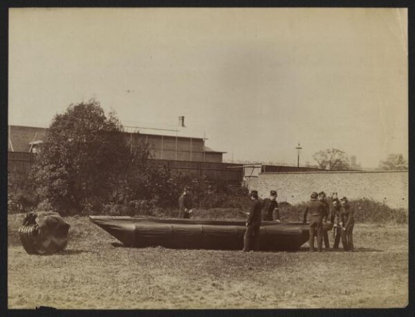 Sappers putting together Captain Fowke's design for a canvas pontoon ...