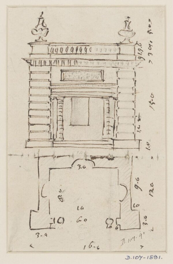 Plan and elevation of a garden pavilion with rusticated front ...