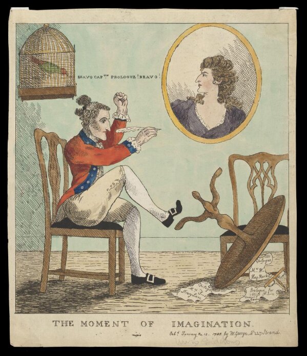 Satirical print of Edward Topham struggling to write epilogues and ...