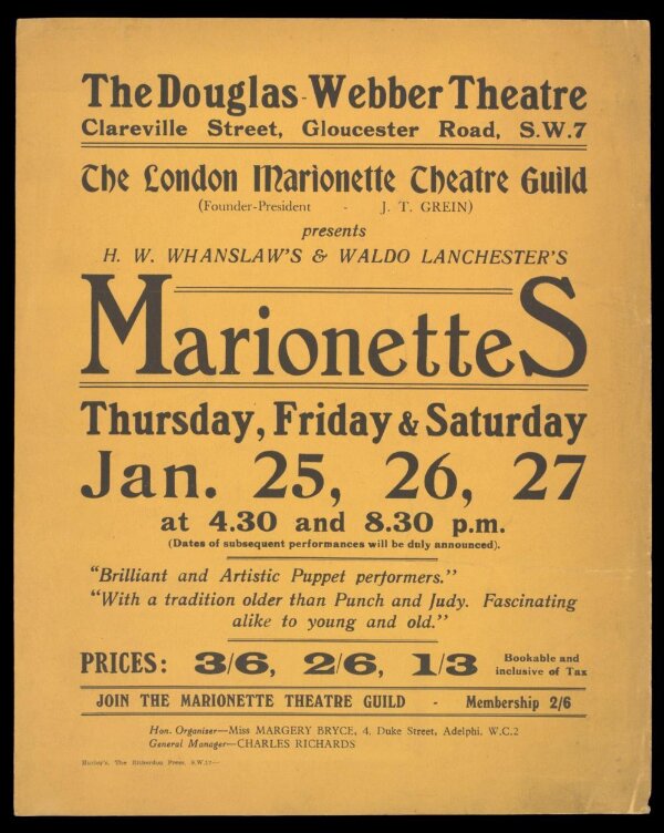 Poster advertising H.W. Whanslaw's and Waldo Lanchester's Marionettes ...