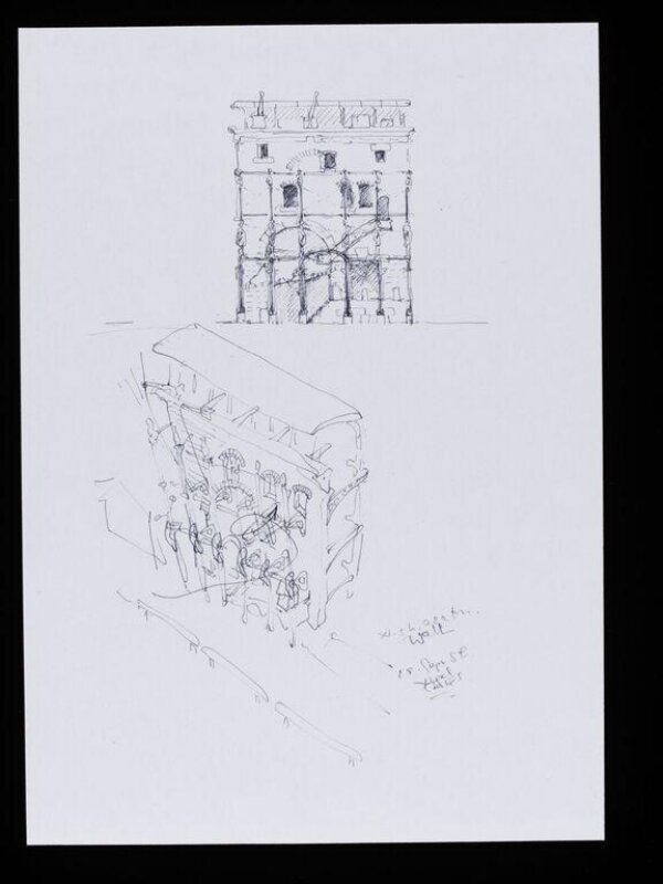 Designs for The Wall, Tokyo. Elevation and perspective view from above ...