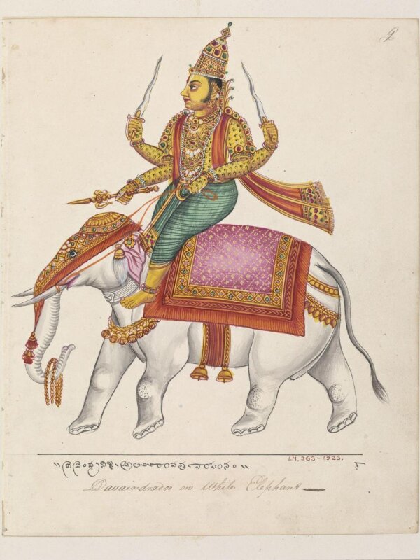 Indra, the god of storms, riding on a white elephant, Airavata ...
