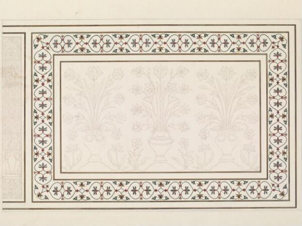 Marble relief panel with pietra-dura border decoration at the Taj Mahal ...