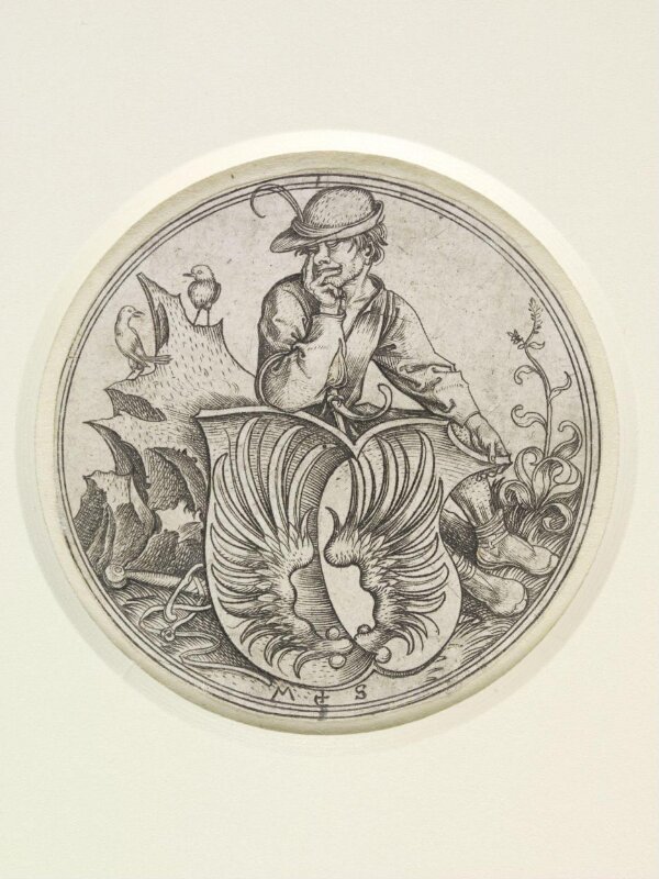 Shield with wings, held by a seated peasant | Schongauer, Martin | V&A ...