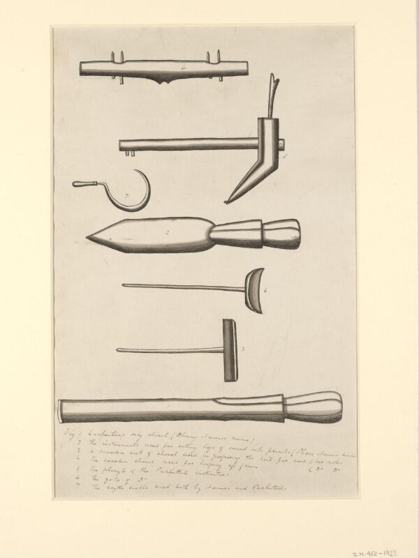 One of seven sheets of drawings depicting implements and musical ...