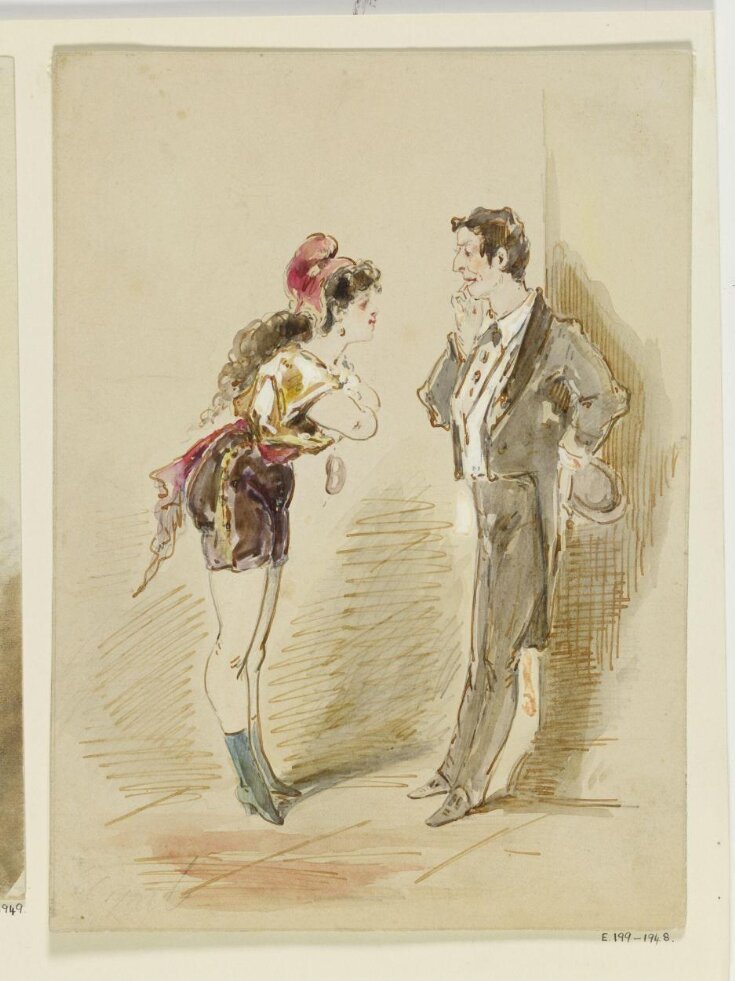 A young woman in theatrical costume speaking to a man who leans against ...