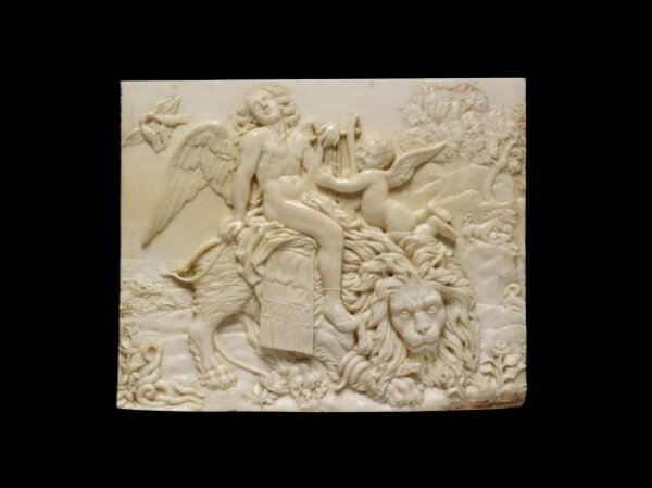 Apollo seated on a lion, with Cupid playing a lyre and animals ...