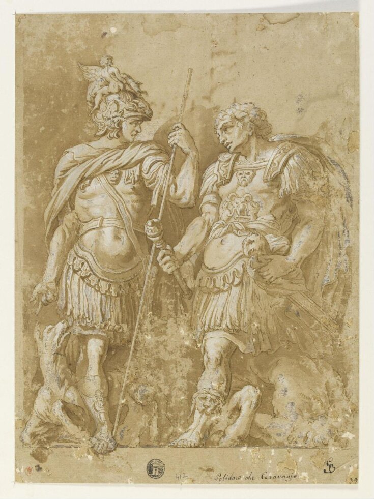 Two Roman soldiers, a she-wolf suckling a child and a prostrate centaur ...