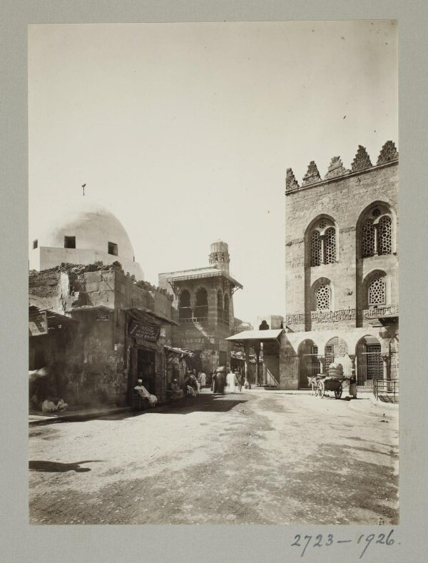 The remains of the madrasa of Mamluk Sultan Baybars al-Bunduqdari (left ...