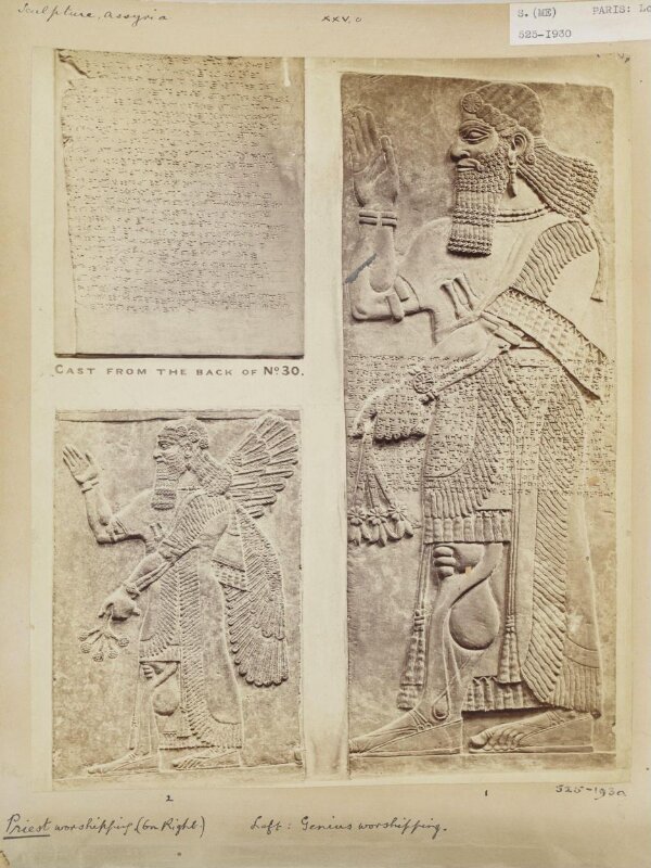 Assyrian sculpture, priest worshipping and genius worshipping, Paris ...