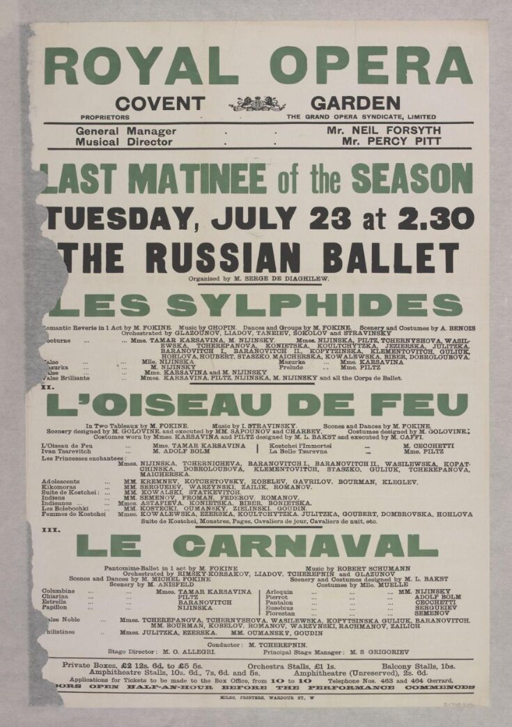 Royal Opera, Covent Garden, Tuesday July 23 (1912) | Miles, J. & Co ...