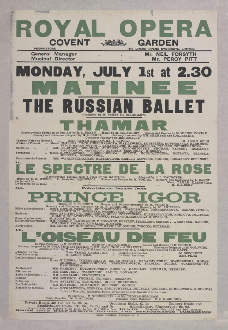 Royal Opera, Covent Garden, Monday July 1st (1912) | Miles, J. & Co ...