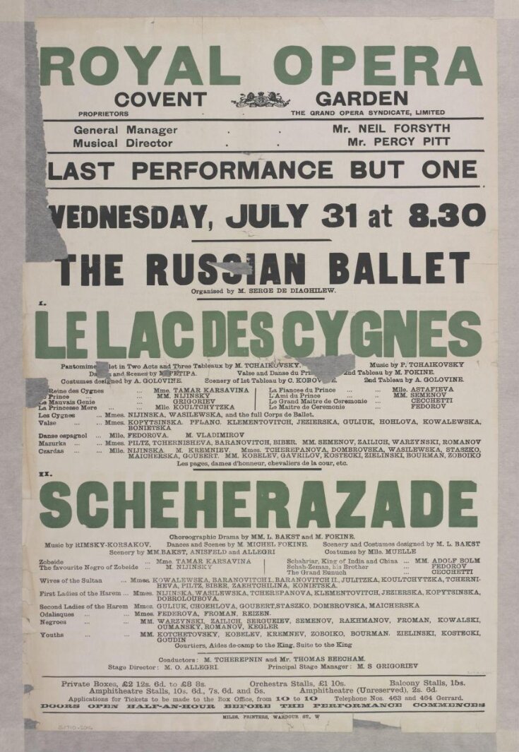 Royal Opera, Covent Garden, Wednesday July 31 (1912) | Miles, J. & Co ...