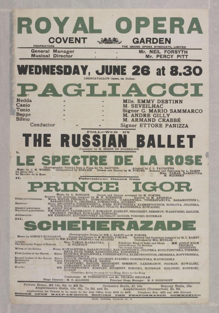 Royal Opera, Covent Garden, Wednesday June 26 (1912) | Miles, J. & Co ...