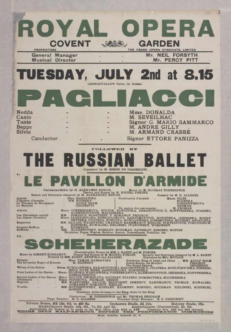 Royal Opera, Covent Garden, Tuesday July 2nd (1912) | Miles, J. & Co ...