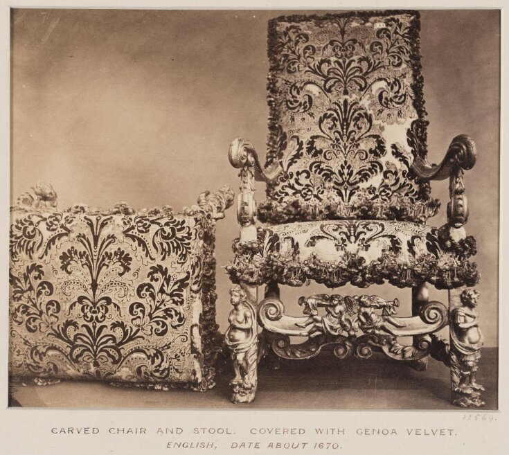 Carved Chair and Stool covered with Genoa velvet, English about 1670 ...