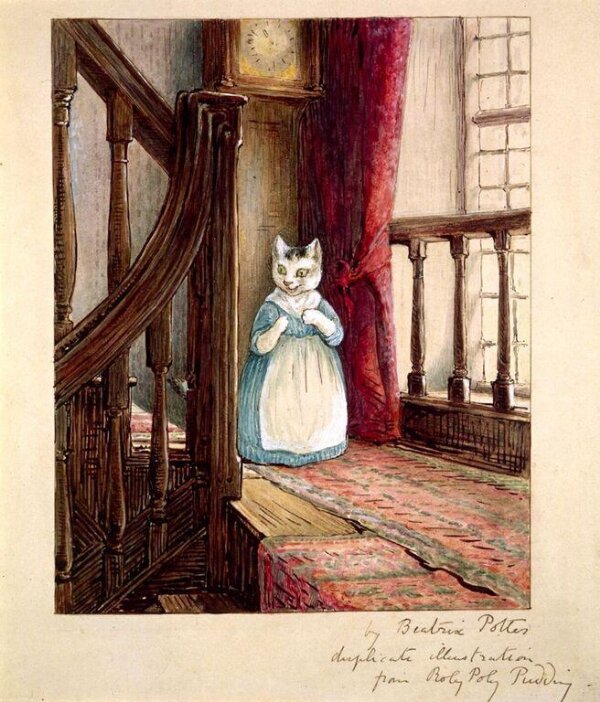 Variant illustration of Mrs. Tabitha Twitchit standing on a staircase ...