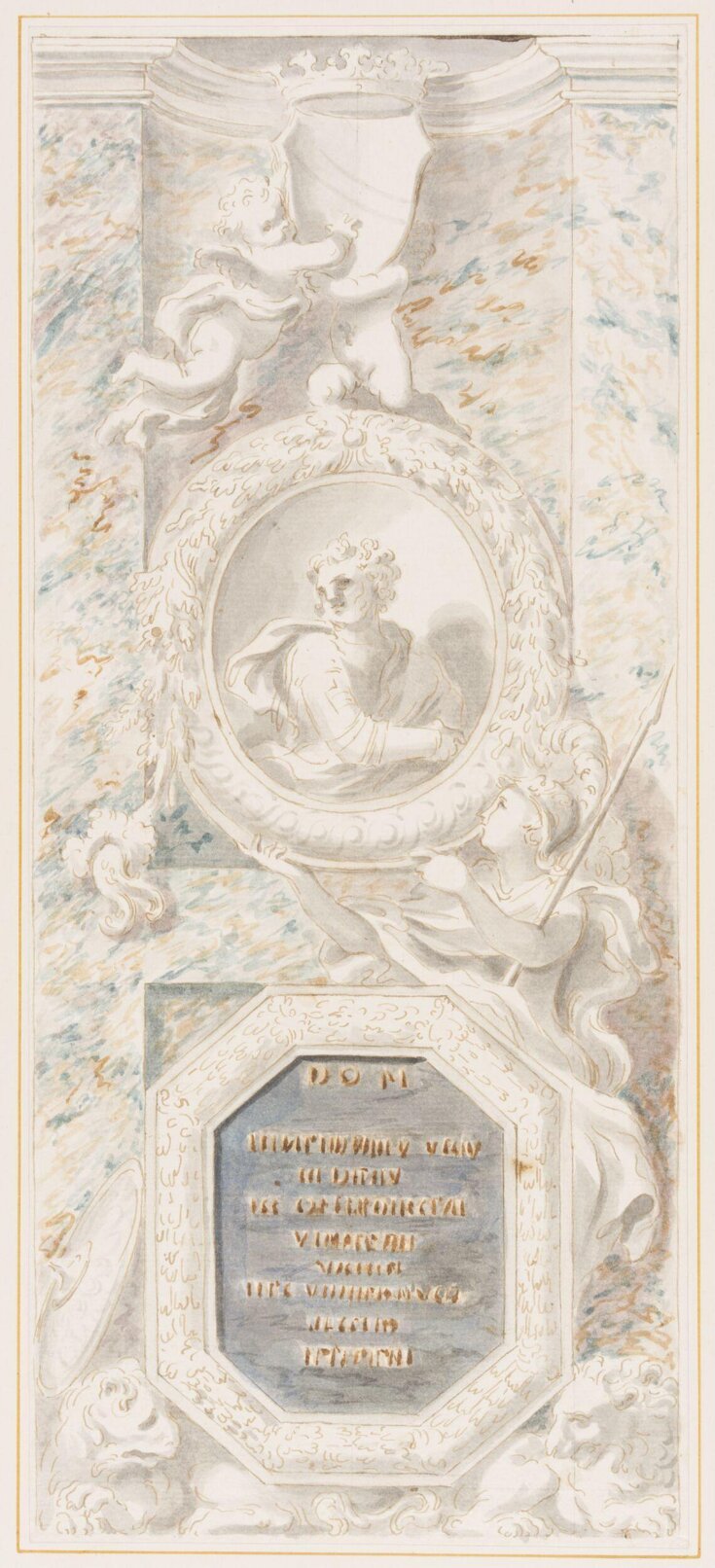 Design for mural monument with a portrait bust of the deceased in a ...