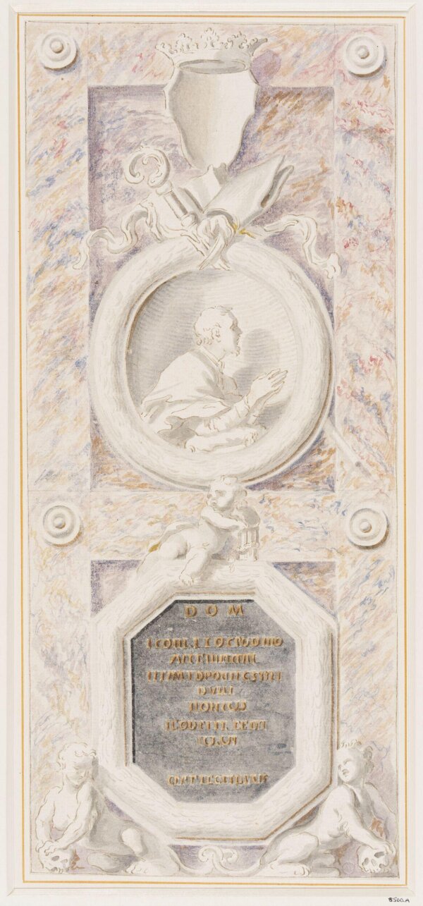 Design for mural monument with a portrait bust of the deceased in a ...