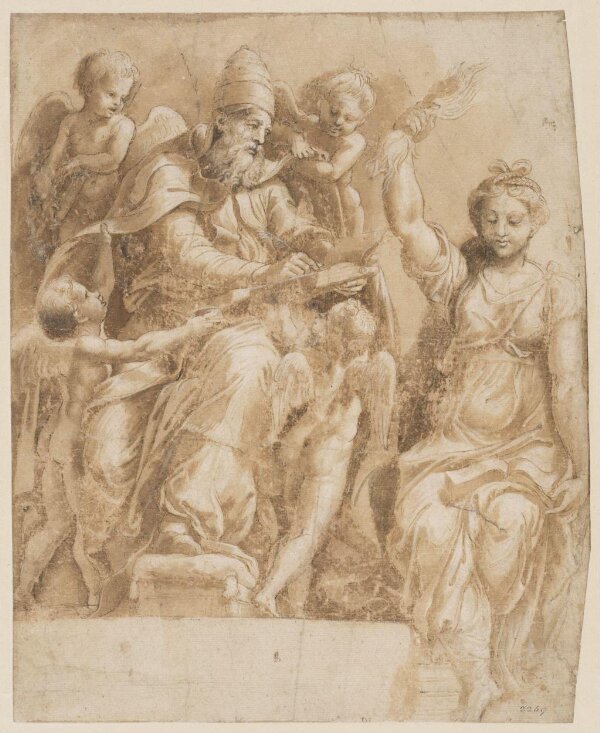 St Gregory the Great, seated, with four angels and a woman personifying ...