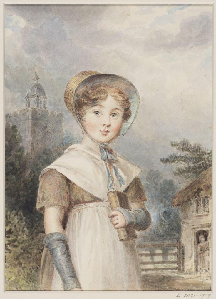 A little girl in Quaker costume, holding a Bible or prayer-book ...