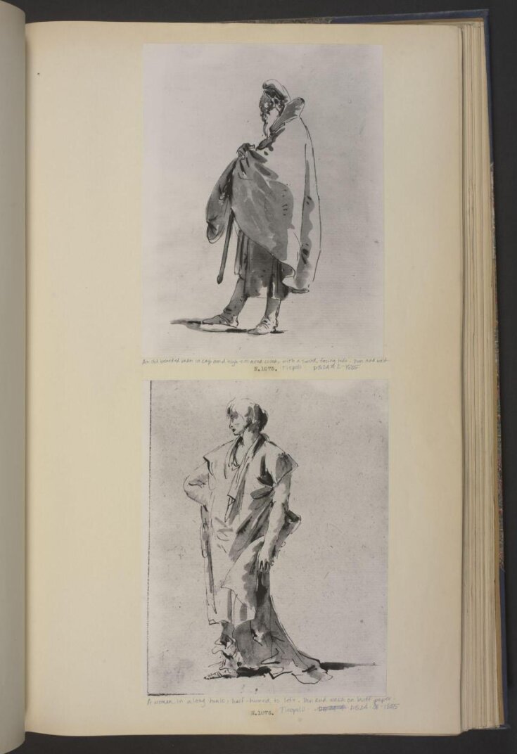 An old bearded man in cap and high-collared cloak with sword, facing ...