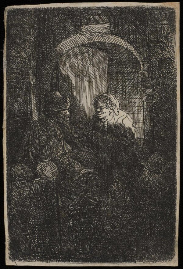 Woman at a door hatch talking to a man and children (The Schoolmaster ...