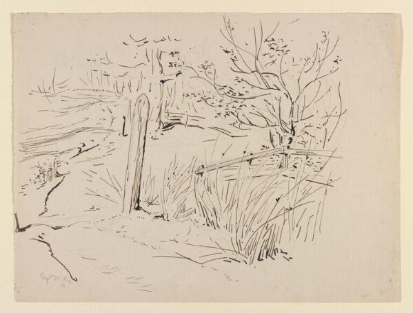 A wooden post near a fence with trees | Beatrix Potter | V&A Explore ...