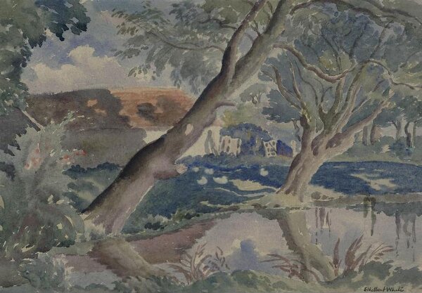 A pond overshadowed by two trees; buildings in the background ...