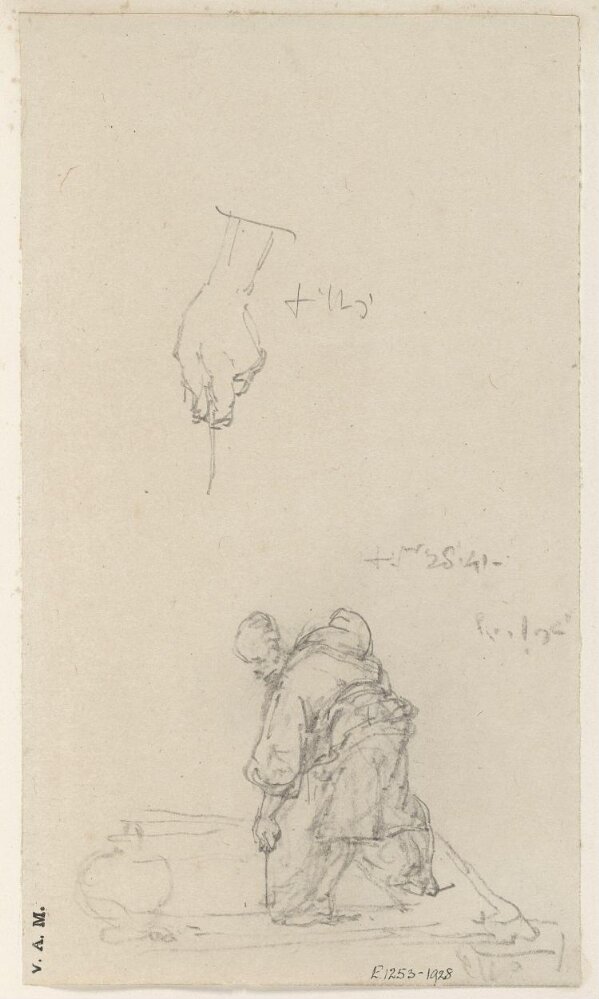 A stooping Chinese figure, and a hand holding a rope or sharp ...