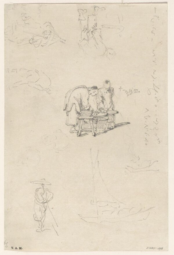 Two Chinese men stooping over a table, and other sketches | George ...