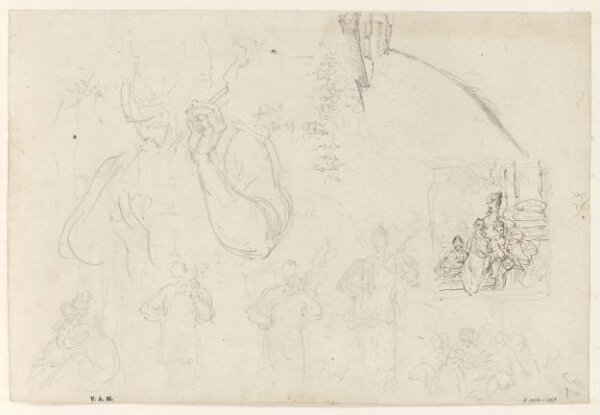 A figure smoking, an inkstand and quill, and a study for a family ...
